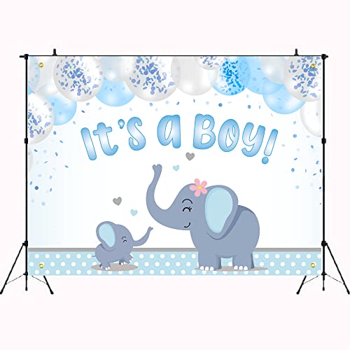 Elephant Baby Shower Backdrop Banner Blue Gray Baby Shower Decorations for Boy, Large Fabric Rustic Animal Theme Birthday Party Supply, It's A Boy Background Decor, Photography Props 72.8 x 43.3 Inch