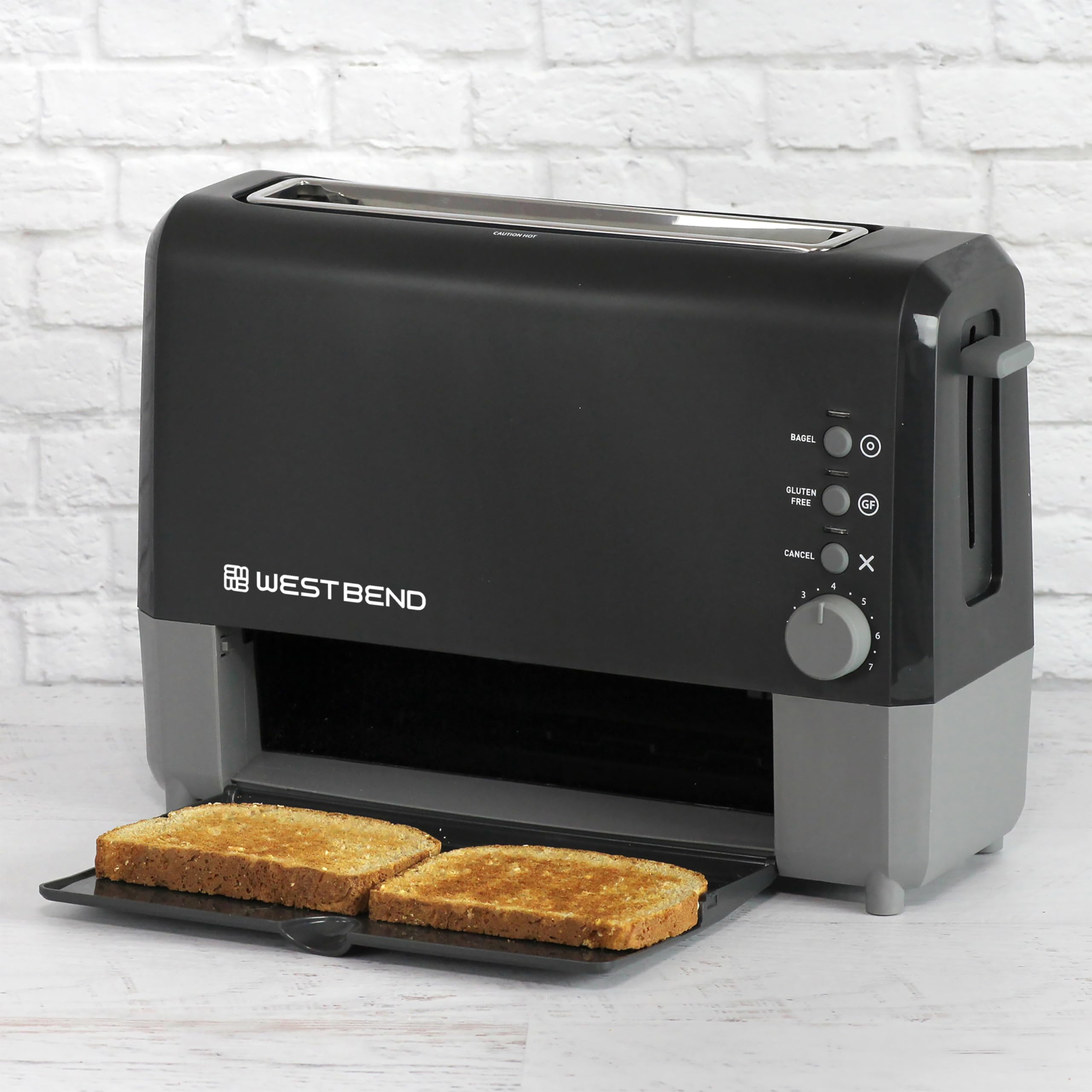 West Bend 77224 Toaster 2 Slice QuikServe Wide Slot Slide Through with Bagel and Gluten-Free Settings and Cool Touch Exterior Includes Removable Serving Tray, Black