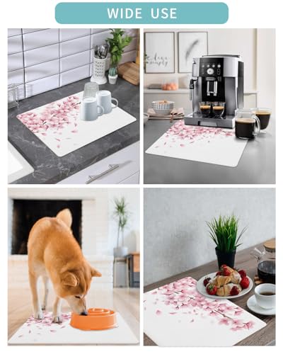 Spring Pink Sakura Blossom Flowers Coffee Mat Coffee Maker Mat,Super Absorbent Coffee Bar Accessories,Floral Garden Art on White Non-slip Coffee Station Mat Dish Drying Pad,16x18in
