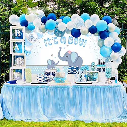 Elephant Baby Shower Backdrop Banner Blue Gray Baby Shower Decorations for Boy, Large Fabric Rustic Animal Theme Birthday Party Supply, It's A Boy Background Decor, Photography Props 72.8 x 43.3 Inch