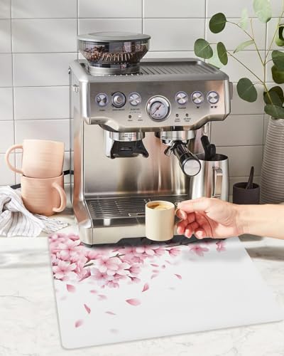 Spring Pink Sakura Blossom Flowers Coffee Mat Coffee Maker Mat,Super Absorbent Coffee Bar Accessories,Floral Garden Art on White Non-slip Coffee Station Mat Dish Drying Pad,16x18in