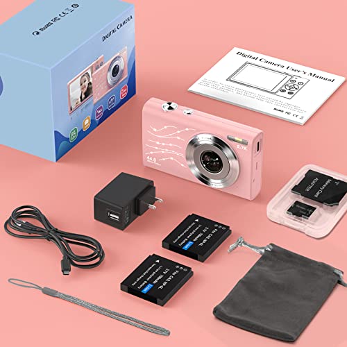 Digital Camera Auto Focus 2.7K Vlogging Camera HD 48MP 16X Digital Zoom Camera with 32G Memory Card 2 Batteries & Charger YouTube Portable Mini Compact Camera for Kids Teens Adult Beginner Pink
