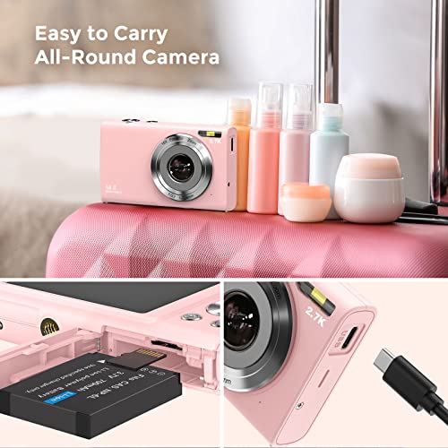 Digital Camera Auto Focus 2.7K Vlogging Camera HD 48MP 16X Digital Zoom Camera with 32G Memory Card 2 Batteries & Charger YouTube Portable Mini Compact Camera for Kids Teens Adult Beginner Pink