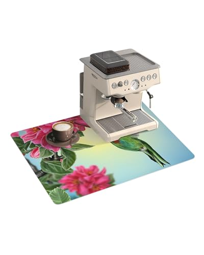 Spring Flowers and Hummingbird Coffee Mat Coffee Maker Mat,Super Absorbent Coffee Bar Accessories,Watercolor Pink Blossom Floral Non-slip Coffee Station Mat Dish Drying Pad,18x28in