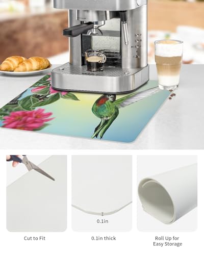 Spring Flowers and Hummingbird Coffee Mat Coffee Maker Mat,Super Absorbent Coffee Bar Accessories,Watercolor Pink Blossom Floral Non-slip Coffee Station Mat Dish Drying Pad,18x28in