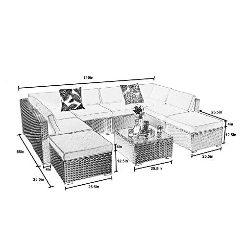 PHI VILLA Patio Furniture Set Outdoor Wicker Sectional Sofa, Low Back Rattan Patio Conversation Set for Large Space with Tea Table, Clips & Washable Couch Cushions(9 Piece, Navy Blue)