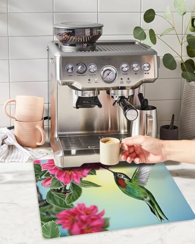 Spring Flowers and Hummingbird Coffee Mat Coffee Maker Mat,Super Absorbent Coffee Bar Accessories,Watercolor Pink Blossom Floral Non-slip Coffee Station Mat Dish Drying Pad,18x28in