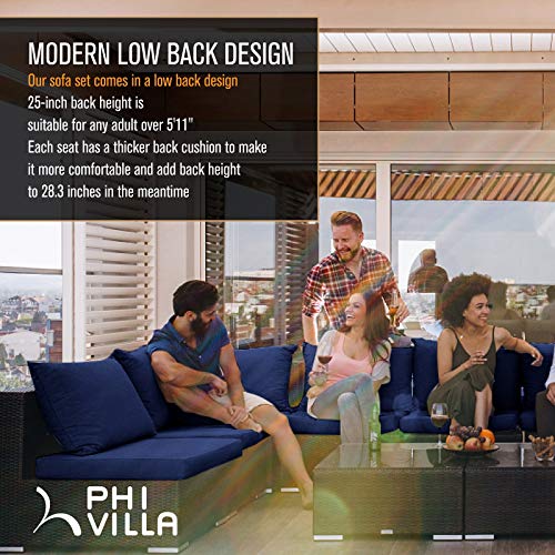 PHI VILLA Patio Furniture Set Outdoor Wicker Sectional Sofa, Low Back Rattan Patio Conversation Set for Large Space with Tea Table, Clips & Washable Couch Cushions(9 Piece, Navy Blue)