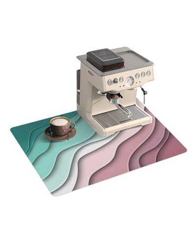 Geometric Wave Line Teal Pink Gradient Coffee Mat Coffee Maker Mat,Super Absorbent Coffee Bar Accessories,Modern Abstract Ocean Beach Non-slip Coffee Station Mat Dish Drying Pad,16x18in