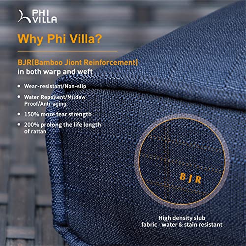PHI VILLA Patio Furniture Set Outdoor Wicker Sectional Sofa, Low Back Rattan Patio Conversation Set for Large Space with Tea Table, Clips & Washable Couch Cushions(9 Piece, Navy Blue)