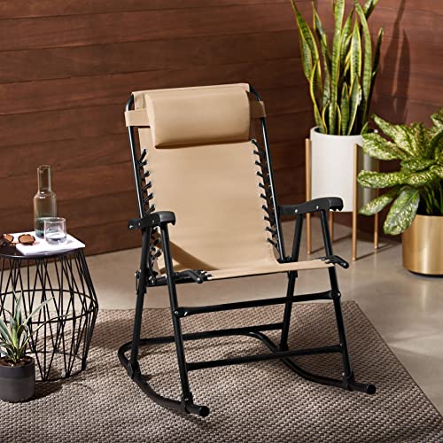 Amazon Basics Outdoor Textilene Zero Gravity Folding Lounge Rocker with Pillow,Alloy Steel, Beige