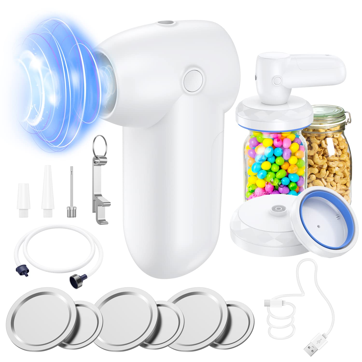 Mason Jar Vacuum Sealer Food Saver Jar Sealer 6 in 1 Electric Handheld Vacuum Sealer Air Pump for Wide and Regular Mouth Mason Jar Compatible with Food Saver Vacuum Sealer Machine (White)
