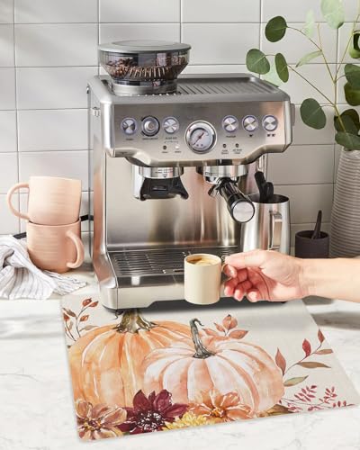 Thanksgiving Pink Orange Pumpkin Coffee Mat Coffee Maker Mat,Super Absorbent Coffee Bar Accessories,Watercolor Flower Leaves on Linen Non-slip Coffee Station Mat Dish Drying Pad,18x28in
