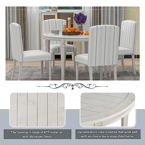Dinehome Kitchen 5-Piece Solid Wood Round Table Set with 4 Upholstered Chairs, Striped Fabric, for Dining Room, White