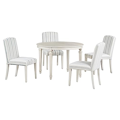 Dinehome Kitchen 5-Piece Solid Wood Round Table Set with 4 Upholstered Chairs, Striped Fabric, for Dining Room, White