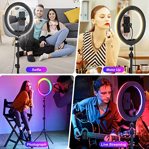 STALLY 12.3" RGB Ring Light with Stand 75 Tall and 2 Phone Holder, Remote Shutter, Tablet iPad Holder, Desk Tripod, Ring Light with 3 CCT Mode & 29 Color Modes for Live Stream/Makeup/YouTube/TikTok