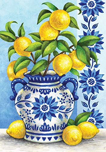 Blue Willow & Lemons - Garden Size, Decorative Double Sided, Licensed and Copyrighted Flag - Printed in the USA by Custom Decor Inc. - 12 Inch X 18 Inch approx. size