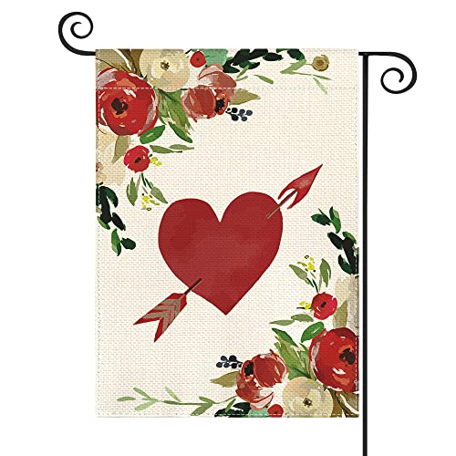 AVOIN colorlife Love Heart Arrow Garden Flag Outside Double Sided, Flowers Rose Valentine's Day Wedding Farmhouse Yard Outdoor Decoration 12x18 Inch