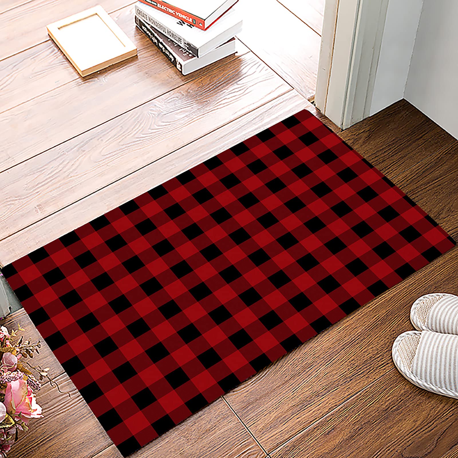 Rustic Red and Black Buffalo Plaid Bathroom Rugs Non Slip Absorbent Bath Mat,Bath Rugs Soft Microfiber Memory Foam Bathroom Mat for Bathtub Shower 16x24Inch