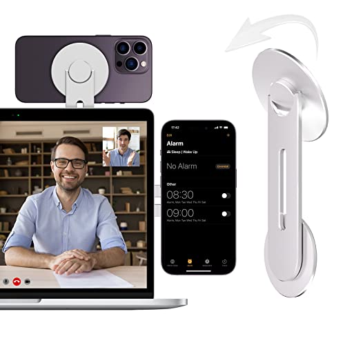 imluckies [Upgrated] Magnetic Laptop Phone Holder, 180° Adjustable Continuity Camera Mount Clip Compatible with Magsafe for iPhone 14 13 12 Series, for iOS 16 & MacBook macOS 13 Ventura, Silver