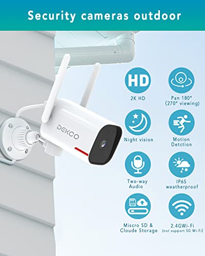 DEKCO Outdoor 1080p Pan Rotating 180° Wired WiFi Cameras for Home Security with Two-Way Audio, Night Vision, 2.4G WiFi, IP65, Motion Detection Alarm (2 Pack)
