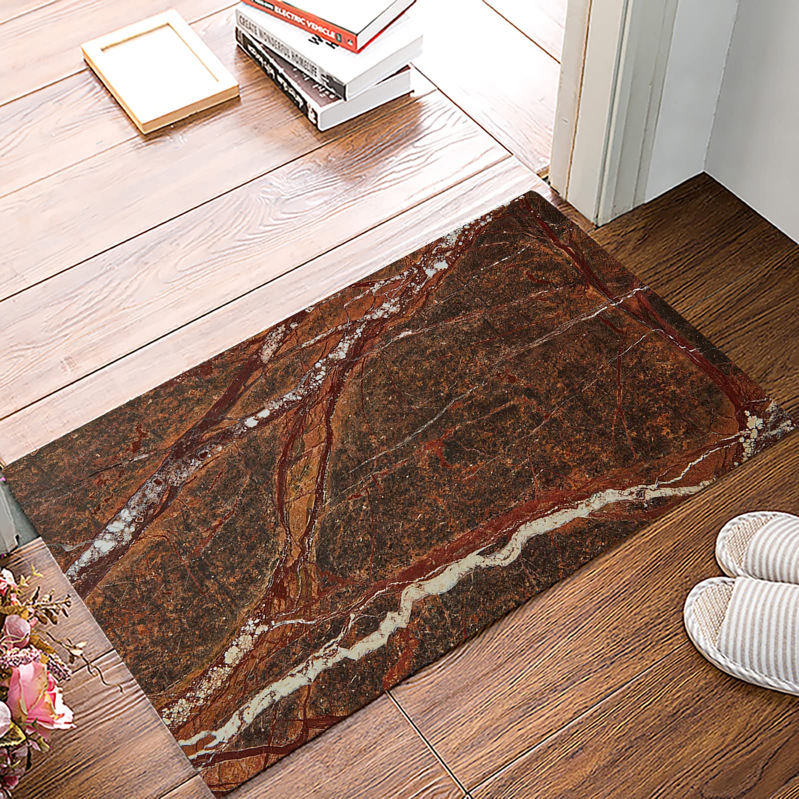 Marble Texture Brown Red Marble Texture Bathroom Rugs Non Slip Bath Mat,Washable Bath Rugs Absorbent Soft Microfiber Memory Foam Carpet for Bathtub Shower 20x32Inch