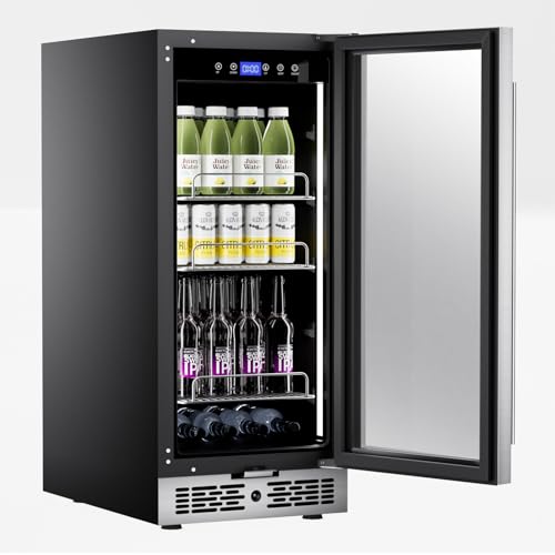 kanabella 15" 100 can Commercial Grade Built-in Indoor Outdoor Beverage Fridge with Glass Door Under Counter or Freestanding Beverage Fridge with Large Capacity