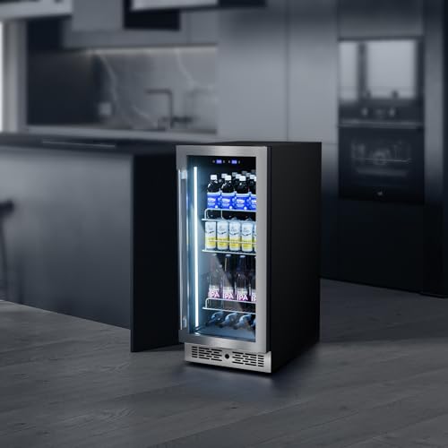 kanabella 15" 100 can Commercial Grade Built-in Indoor Outdoor Beverage Fridge with Glass Door Under Counter or Freestanding Beverage Fridge with Large Capacity
