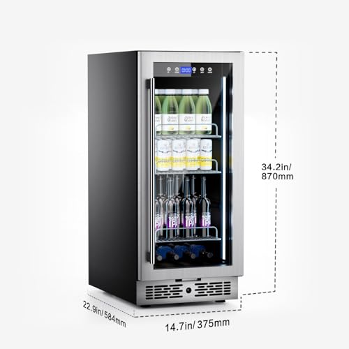 kanabella 15" 100 can Commercial Grade Built-in Indoor Outdoor Beverage Fridge with Glass Door Under Counter or Freestanding Beverage Fridge with Large Capacity
