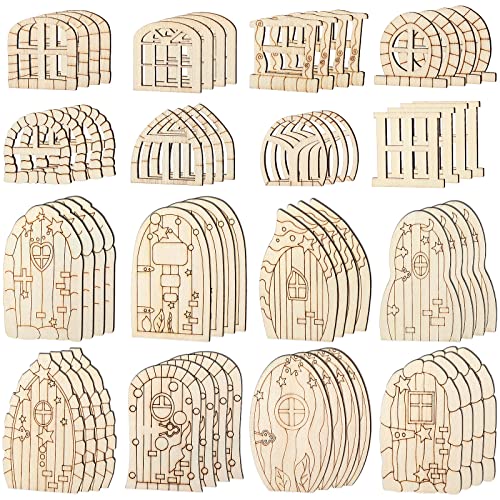 64 Pcs Fairy Door Mini Wooden Garden Doors Unfinished DIY Craft Fairy House Kit Unpainted Wood Miniature Door Blank Fairy House Doors and Windows for Home Office Wedding Party Decoration Accessories