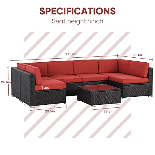 SUNCROWN 7-Piece Outdoor Patio Furniture Sofa Set - All-Weather Wicker Sectional with Washable Cushions and Modern Glass Coffee Table - Red