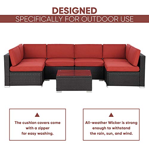 SUNCROWN 7-Piece Outdoor Patio Furniture Sofa Set - All-Weather Wicker Sectional with Washable Cushions and Modern Glass Coffee Table - Red