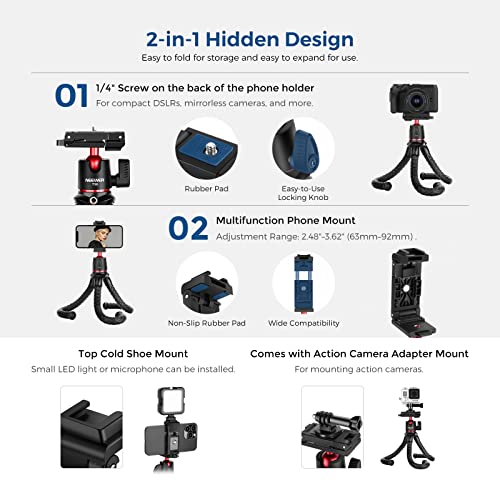 NEEWER Camera Flexible Tripod with Remote Shutter, Mount Adapter for Hero 11 10 9 8, Hidden Phone Holder with Cold Shoe, 1/4" Screw for Magic Arm, Bendable Vlogging Tripod, Load Up to 4.4lb - T30