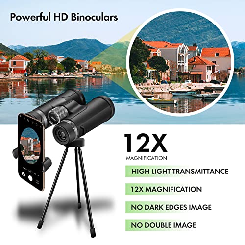 12x42 HD Binoculars for Adults with Upgraded Phone Adapter & Foldable Tripod, High Power Binoculars with Super Bright and Large View,Waterproof Lightweight Binoculars for Bird Watching Hunting Travel