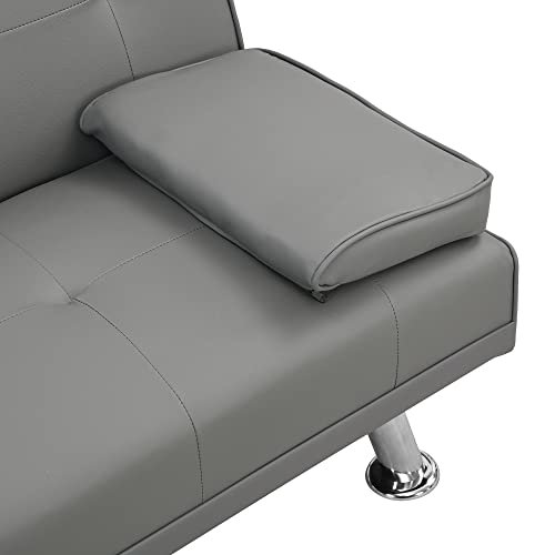 Modern Faux Leather Convertible Folding Futon Sofa Bed, Sofa Couch for Compact Living Space, Apartment, Dorm, Removable Armrests, 2 Cupholders (Gray)
