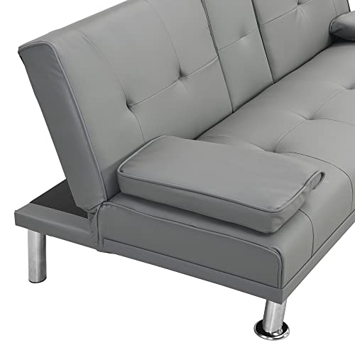 Modern Faux Leather Convertible Folding Futon Sofa Bed, Sofa Couch for Compact Living Space, Apartment, Dorm, Removable Armrests, 2 Cupholders (Gray)