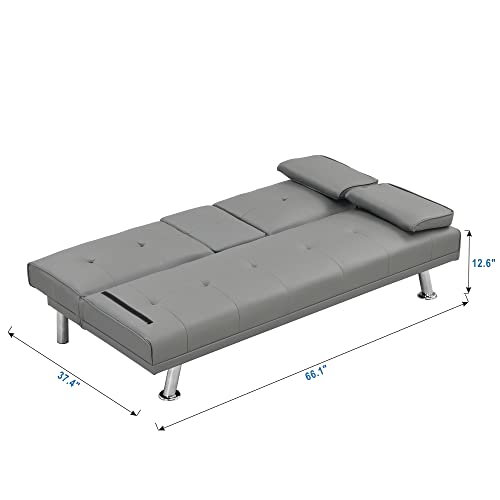 Modern Faux Leather Convertible Folding Futon Sofa Bed, Sofa Couch for Compact Living Space, Apartment, Dorm, Removable Armrests, 2 Cupholders (Gray)