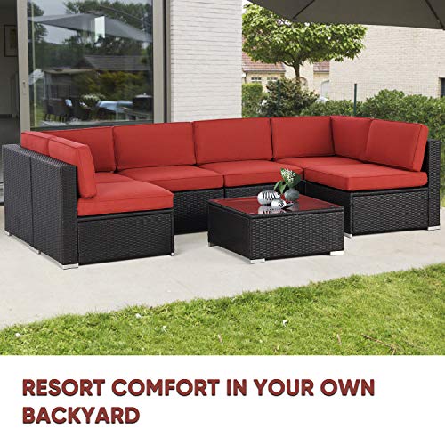 SUNCROWN 7-Piece Outdoor Patio Furniture Sofa Set - All-Weather Wicker Sectional with Washable Cushions and Modern Glass Coffee Table - Red