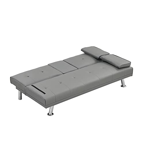 Modern Faux Leather Convertible Folding Futon Sofa Bed, Sofa Couch for Compact Living Space, Apartment, Dorm, Removable Armrests, 2 Cupholders (Gray)