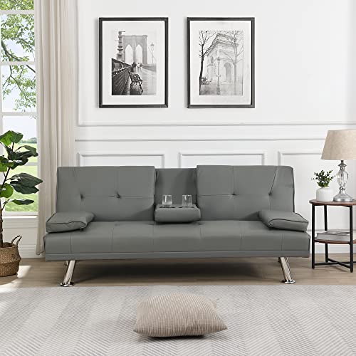 Modern Faux Leather Convertible Folding Futon Sofa Bed, Sofa Couch for Compact Living Space, Apartment, Dorm, Removable Armrests, 2 Cupholders (Gray)