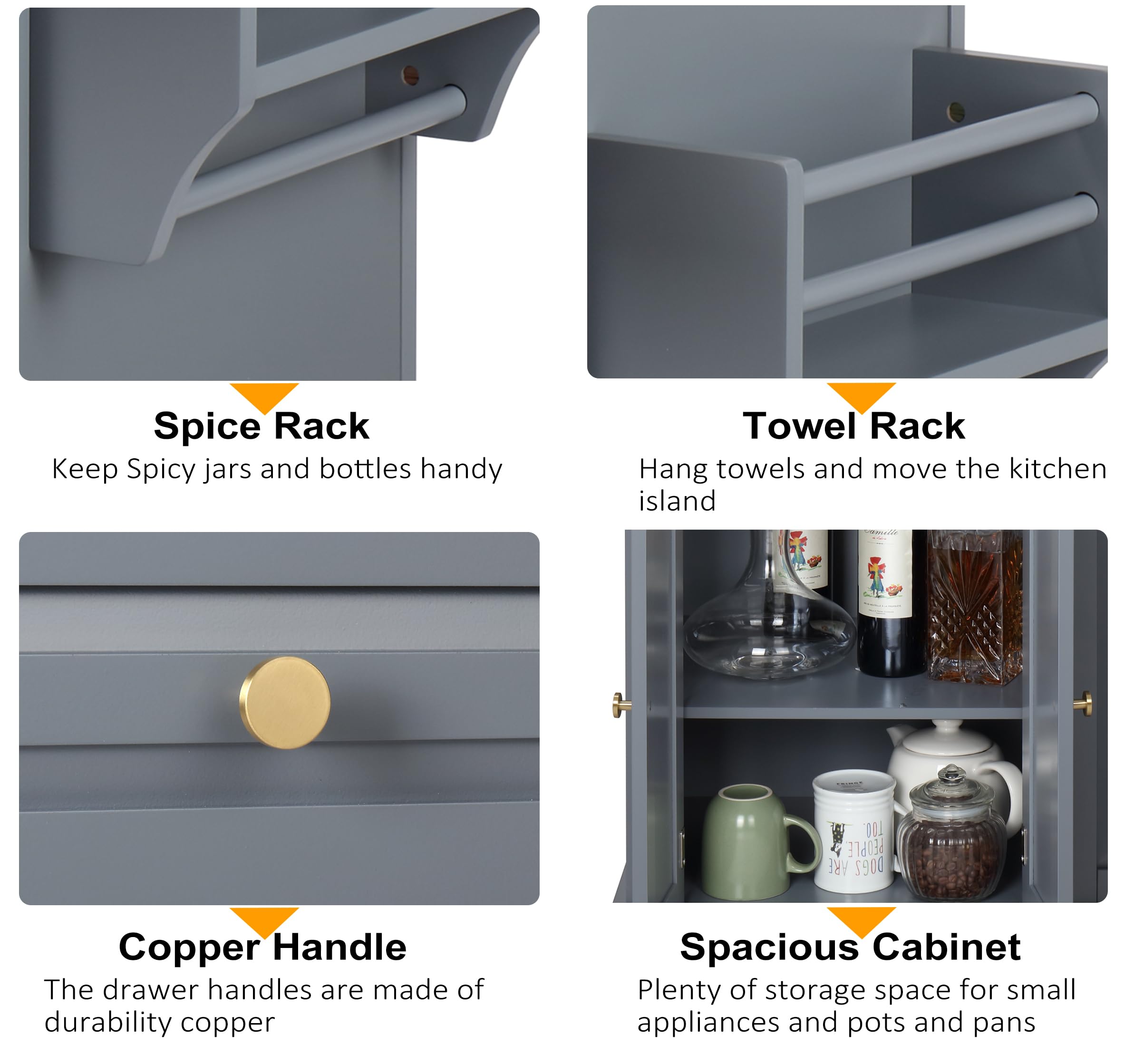Finnhomy Rolling Kitchen Island With Drop Leaf, Thicken Rubberwood Top, Spice Rack, Towel Rack, Drawer, 43.3" Portable Mobile Kitchen Island Carts Table, Storage Cabinet, Both Wheels and Feet Included