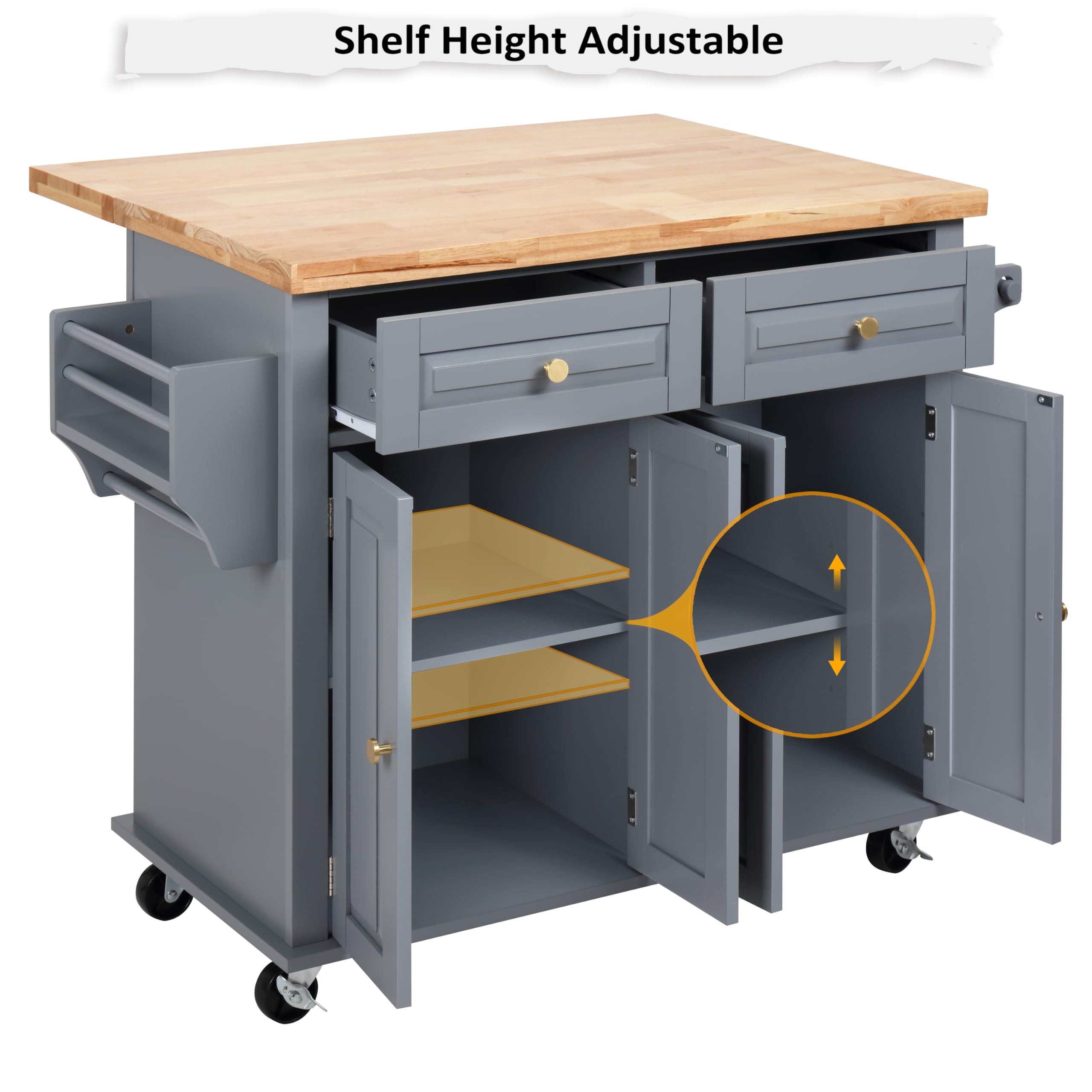 Finnhomy Rolling Kitchen Island With Drop Leaf, Thicken Rubberwood Top, Spice Rack, Towel Rack, Drawer, 43.3" Portable Mobile Kitchen Island Carts Table, Storage Cabinet, Both Wheels and Feet Included
