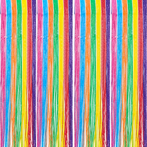4Pack Rainbow Color Foil Fringe Curtain Metallic Tinsel Door Curtains Photo Booth Backdrop for Birthday Graduation Wedding Baby Shower Bridal Shower Christmas Party Decoration