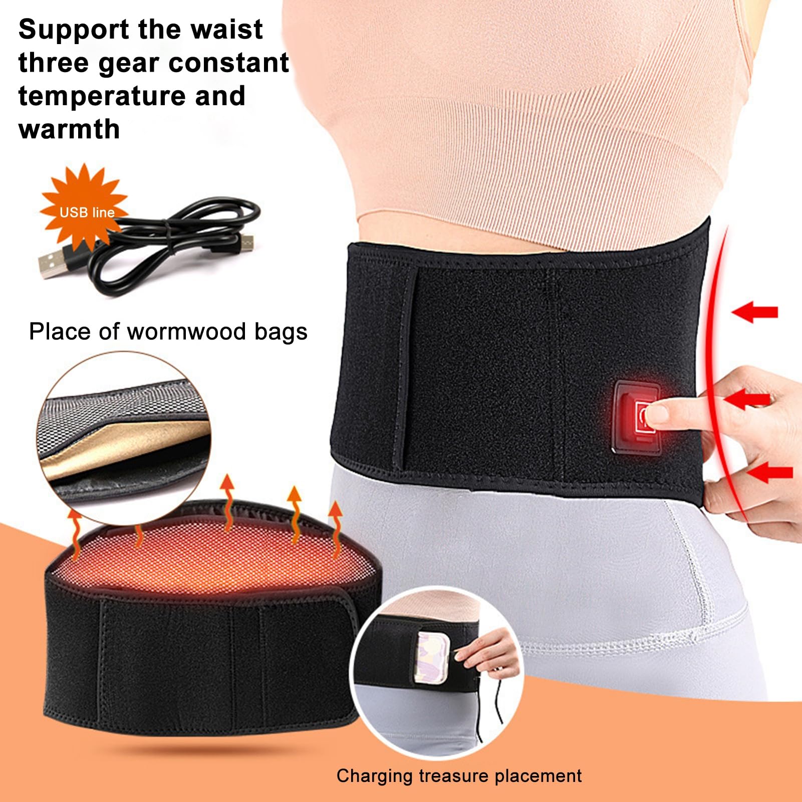 Back Heating Waist Pad, Electric Waist Support Vibration Massage Lower Back Pain Lumbar Spine Cramps Relief-USB Lumbar Heating Pad Warm Therapy Waist Belt Black