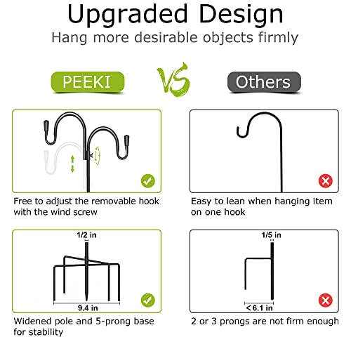 PEEKI Double Shepherds Hook, Adjustable Bird Feeder Pole for Outside with 5-Prong Base, Heavy Duty Garden Shepards Hooks for Outdoor Plant Hanger, Hummingbird Feeder Stand (63” Overall Height, 1-Pack)