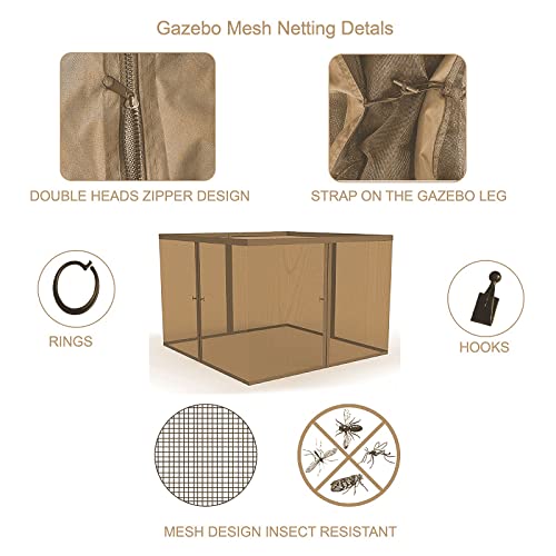 Garden Sunny Gazebo Mosquito Netting Screen 4-Panels Universal Replacement for Patio, Outdoor Canopy, Garden and Backyard (Only Netting) (12'x12', Khaki)