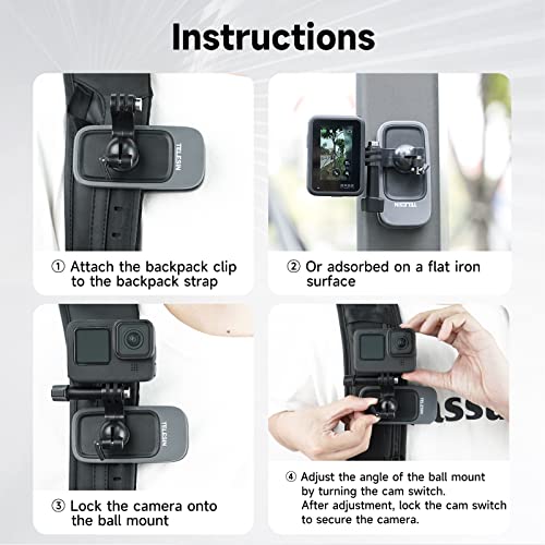 TELESIN Magnetic Swivel Clip Mount with Phone Holder, Bag Backpack Shoulder Body Strap Attachment for GoPro Max Hero 11 10 9 8 7 6 5, Insta360 X2 X3 RS GO2, DJI Action 2 3 Accessories