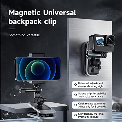 TELESIN Magnetic Swivel Clip Mount with Phone Holder, Bag Backpack Shoulder Body Strap Attachment for GoPro Max Hero 11 10 9 8 7 6 5, Insta360 X2 X3 RS GO2, DJI Action 2 3 Accessories