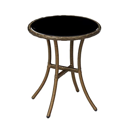 Patio PE Rattan Side Table, Outdoor Round Wicker Covered Edge with Tempered Glass Top, Rattan Iron Frame Table Coffee Dining Table for Lawn, Garden, Pool(Brown)