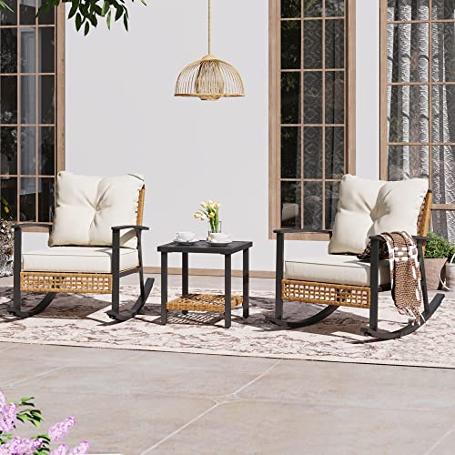 LAUSAINT HOME 3 Pieces Rocking Bistro Set, Outdoor Patio Furniture Set with Thick Cushions and 2-Tier Coffee Table, Oversize Rattan Conversation Sets for Garden, Balcony, Backyard (Beige)